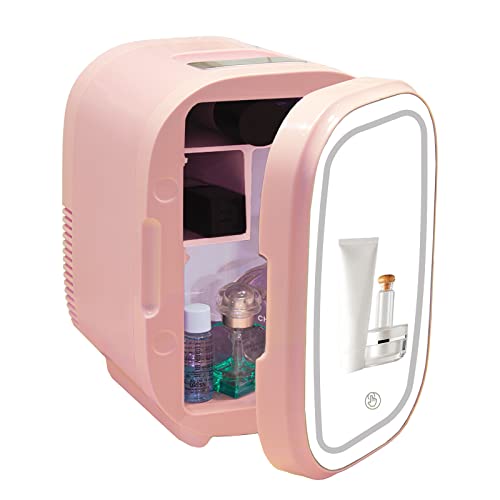 VNIMTI Mini Skincare Fridge 8 Liter, Portable Small Compact Refrigerator Mirror Makeup Fridge with AC/DC Power, Perfect for Bedroom, Office, Car, Outdoor (Mirror - Pink)