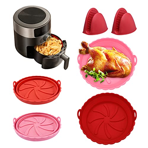 2 Pack Air Fryer Silicone Pot, 7.8" Silicone Air Fryer Reusable Liners, Apply to 3.2-6.5 QT Airfryer, Food Safe Reusable Air Fryer Silicone Basket,Easy Cleaning with Heat-proof Gloves (Pink+Red)