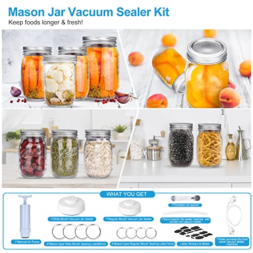 Jar Sealer Vacuum Sealer, 19 PCs Jar Sealer Kit for Food Saver with Accessory Hose for Wide and Regular Mouth Mason Jars, Canning Sealer with Jar Attachment 2 Hose Manual Vacuum Pump, Lables & Marker