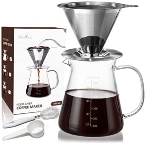 pour over coffee maker set, drip coffee maker pour over with 17oz borosilicate glass carafe and double layer 304 stainless steel filter, pour over coffee dripper perfect for coffee lovers.