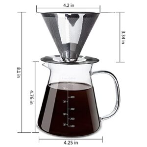 Pour Over Coffee Maker Set, Drip Coffee Maker Pour Over with 17oz Borosilicate Glass Carafe and Double Layer 304 Stainless Steel Filter, Pour Over Coffee Dripper Perfect for Coffee Lovers.