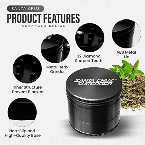 Santa Cruz Shredder Metal Herb Grinder Knurled Top for Stronger Grip 3 Piece Small 1.7" (Black)