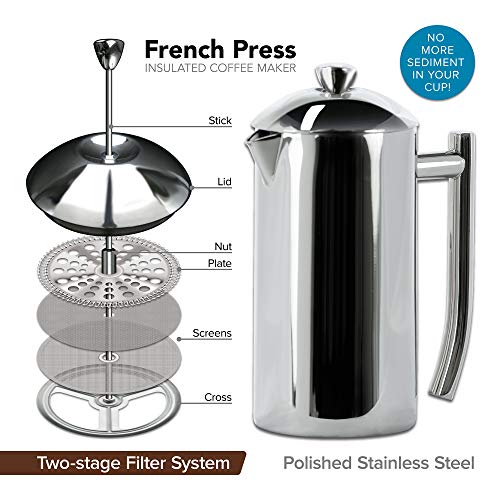 Frieling Double-Walled Stainless-Steel French Press Coffee Maker, Polished, 17 Ounces