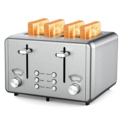 Toaster 4 Slice ,whall Stainless Steel,Toaster-6 Bread Shade Settings,Bagel/Defrost/Cancel Function with Dual Control Panels,Extra Wide Slots,Removable Crumb Tray,for Various Bread Types 1500W