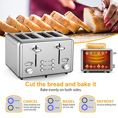 Toaster 4 Slice ,whall Stainless Steel,Toaster-6 Bread Shade Settings,Bagel/Defrost/Cancel Function with Dual Control Panels,Extra Wide Slots,Removable Crumb Tray,for Various Bread Types 1500W