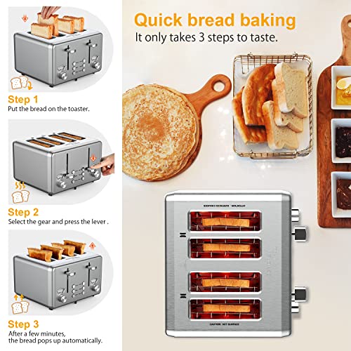 Toaster 4 Slice ,whall Stainless Steel,Toaster-6 Bread Shade Settings,Bagel/Defrost/Cancel Function with Dual Control Panels,Extra Wide Slots,Removable Crumb Tray,for Various Bread Types 1500W