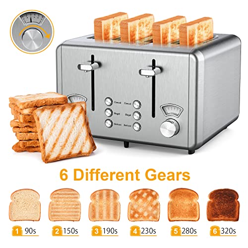 Toaster 4 Slice ,whall Stainless Steel,Toaster-6 Bread Shade Settings,Bagel/Defrost/Cancel Function with Dual Control Panels,Extra Wide Slots,Removable Crumb Tray,for Various Bread Types 1500W