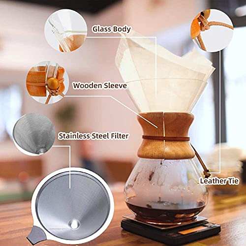 Pour Over Coffee Maker Set - Drip Coffee Maker Glass with Reusable 304 Stainless Steel Filter, 28 oz Classic Series