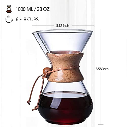 Pour Over Coffee Maker Set - Drip Coffee Maker Glass with Reusable 304 Stainless Steel Filter, 28 oz Classic Series