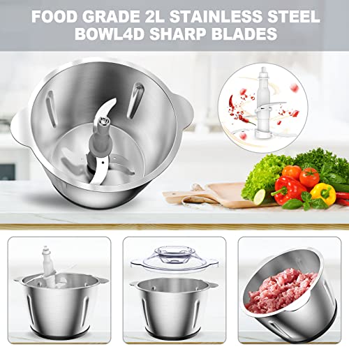 Food Chopper Electric, LINKChef Meat Grinder Electric 400W Food Processor 8 Cup 2L Stainless Steel Meat Blender Mini Food Chopper for Meat, Vegetables, Fruits and Nuts with 4 Sharp Blades