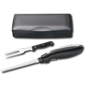 hamilton beach electric knife, with stainless steel blade, and ergonomically designed handle for easy grip, with a sturdy neat case, bonus free carving fork included