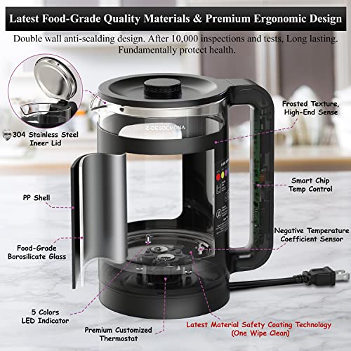 Electric Kettle, Intelligent Temp Control, One Wipe Clean, 5 LED Light Coffee Kettle Borosilicate Glass, 1500W Soft Sound Rapid Heating Water Kettle, BPA Free, 1.5L Window-Glass Double Wall Tea Kettle