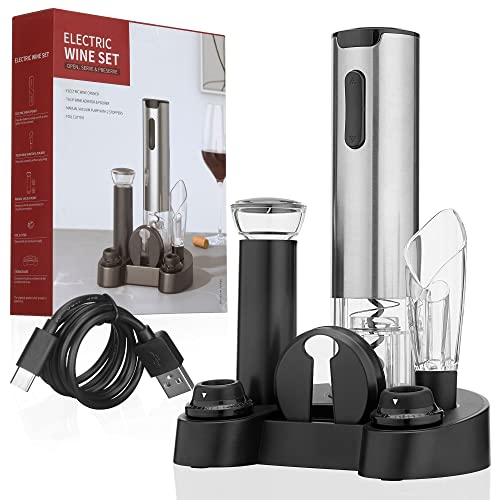 LiFe H&K Electric Wine Bottle Opener - Opener, Aerator Pourer, Charging Storage Base, Foil Cutter, Vacuum Pump & 2 Stoppers Rechargeable Portable Gifts for Lovers, Couples, Mom, 8.5''x11.75''x2.5''