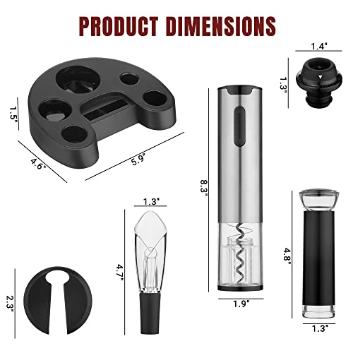 LiFe H&K Electric Wine Bottle Opener - Opener, Aerator Pourer, Charging Storage Base, Foil Cutter, Vacuum Pump & 2 Stoppers Rechargeable Portable Gifts for Lovers, Couples, Mom, 8.5''x11.75''x2.5''