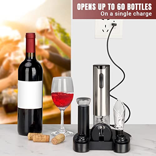 LiFe H&K Electric Wine Bottle Opener - Opener, Aerator Pourer, Charging Storage Base, Foil Cutter, Vacuum Pump & 2 Stoppers Rechargeable Portable Gifts for Lovers, Couples, Mom, 8.5''x11.75''x2.5''