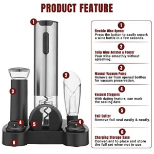 LiFe H&K Electric Wine Bottle Opener - Opener, Aerator Pourer, Charging Storage Base, Foil Cutter, Vacuum Pump & 2 Stoppers Rechargeable Portable Gifts for Lovers, Couples, Mom, 8.5''x11.75''x2.5''