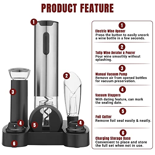 LiFe H&K Electric Wine Bottle Opener - Opener, Aerator Pourer, Charging Storage Base, Foil Cutter, Vacuum Pump & 2 Stoppers Rechargeable Portable Gifts for Lovers, Couples, Mom, 8.5''x11.75''x2.5''