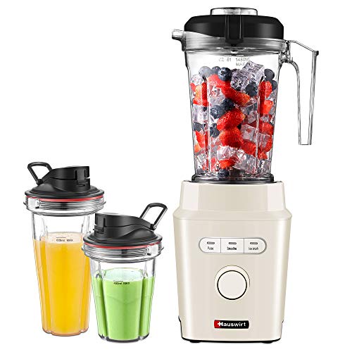 Hauswirt Smoothie Blender for Kitchen,1200W Professional Countertop Blender for Shakes and Smoothies, 3 Presets with 15 Speeds for Ice Crushing and Frozen Fruit Drinks, Tritan BPA-Free 51 Oz Jar, 25 oz & 16 oz to-go Cups, Easy Cleaning Detachable Blades B