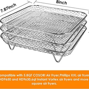 8" Air Fryer Rack,3 Stackable Square Stainless Steel Air Fryer Rack Compatible with Instant Vortex,Philips,COSORI Air Fryer, Fit all 4.2QT - 5.8QT Oven Press Cooker Dehydrator Rack Air Fryer Accessories