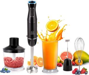 immersion blender handheld, 800w 12-speed hand blender, 5 in 1 emersion stick blender electric, 600ml beaker, 500ml chopper, egg whisk, milk frother