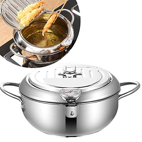 Stainless Steel Deep Fryer, 9.5 Inch Temperature Control Fryer with Lid and Oil Drip Rack, Tempura Frying Pot for Kitchen Cooking (3.2L/304)