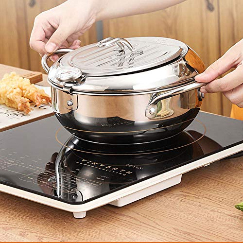 Stainless Steel Deep Fryer, 9.5 Inch Temperature Control Fryer with Lid and Oil Drip Rack, Tempura Frying Pot for Kitchen Cooking (3.2L/304)