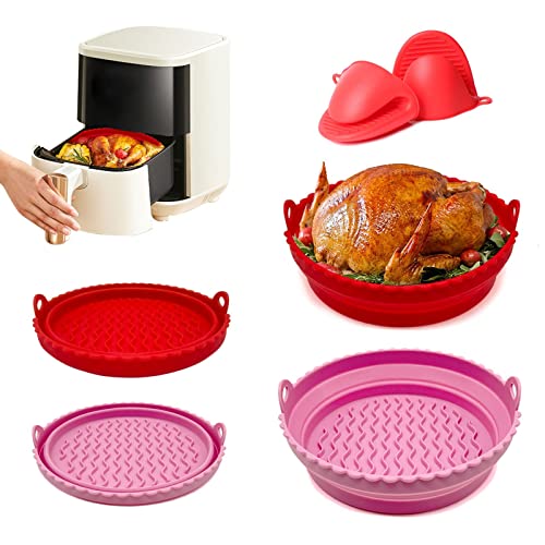 2PCS Round SiliconeAir Fryer Liners 21CM Reusable Fits 3.6 To 6.8QT Air Fryer,air Fryer Silicone Pot Basket Round with Heat-proof Gloves, Air Fryer Basket Deep Oven Accessories (Pink+Red)