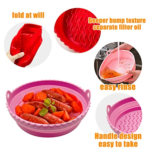 2PCS Round SiliconeAir Fryer Liners 21CM Reusable Fits 3.6 To 6.8QT Air Fryer,air Fryer Silicone Pot Basket Round with Heat-proof Gloves, Air Fryer Basket Deep Oven Accessories (Pink+Red)