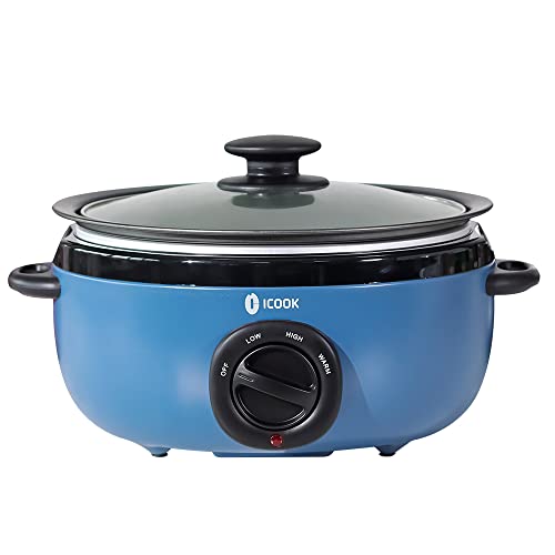 ICOOK USC-65-OP001BL 6.5 Quart Slow Cooker ,Aluminium Sear/Sauté Stew Pot Stovetop safe,Dishwasher Safe,Glass Lid,Adjustable Temp,Food Warmer,BLUE