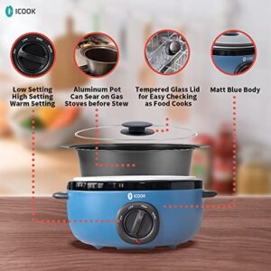 ICOOK USC-65-OP001BL 6.5 Quart Slow Cooker ,Aluminium Sear/Sauté Stew Pot Stovetop safe,Dishwasher Safe,Glass Lid,Adjustable Temp,Food Warmer,BLUE