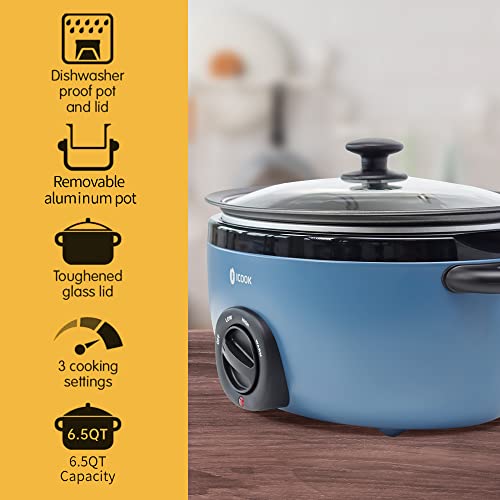 ICOOK USC-65-OP001BL 6.5 Quart Slow Cooker ,Aluminium Sear/Sauté Stew Pot Stovetop safe,Dishwasher Safe,Glass Lid,Adjustable Temp,Food Warmer,BLUE