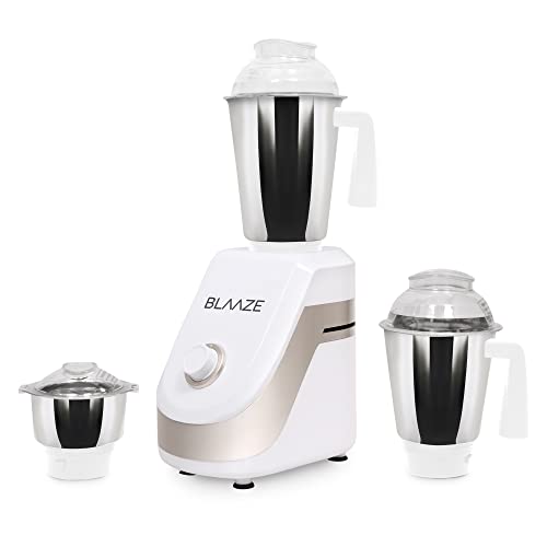 BLAAZE 110V Powerful 800W Mixer Grinder w/ 3 Stainless Steel Jars & Blades Perfect for Dry & Wet Fine Grinding – Dosa batters, Indian Curry Spices Coconut Chutney Grinding Mixing (White Matte Silver)