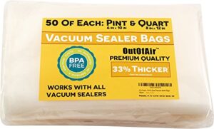 100 vacuum sealer bags: 50 pint (6″ x 10″) and 50 quart (8″ x 12″) outofair vacuum sealer bags works with foodsaver & other savers. 33% thicker, bpa free, great for sous vide