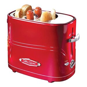 nostalgia adjustable 5 setting retro pop up hot dog toaster, fits 2 regular or extra plump hot dogs and 2 buns with removable cage and mini tongs, red