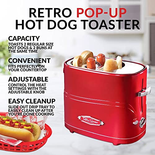 Nostalgia Adjustable 5 Setting Retro Pop Up Hot Dog Toaster, Fits 2 Regular or Extra Plump Hot Dogs and 2 Buns with Removable Cage and Mini Tongs, Red