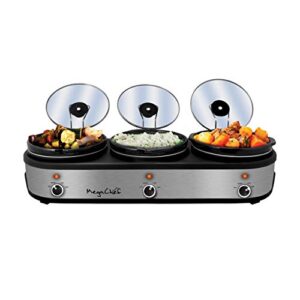 megachef warmer elite 2.5 quart slow cooker and buffet server in brushed silver and black finish with 3 ceramic cooking pots and removable lid rests