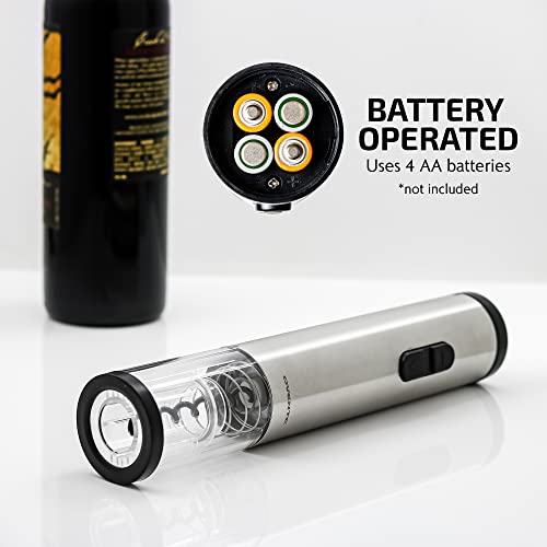 Ovente Electric Stainless Steel Wine Bottle Opener with Foil Wine Cutter, 4 AA Battery Operated Opener One Touch Operation and LED Indicator, Compact & Portable Perfect for Travel, Silver WO1381S