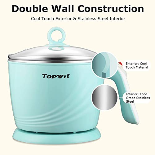 Topwit Electric Hot Pot Mini, Electric Cooker, Noodles Cooker, Electric Kettle with Multi-Function for Steam, Egg, Soup and Stew with Over-Heating & Boil Dry Protection, Dual Power, 1.2L, Green