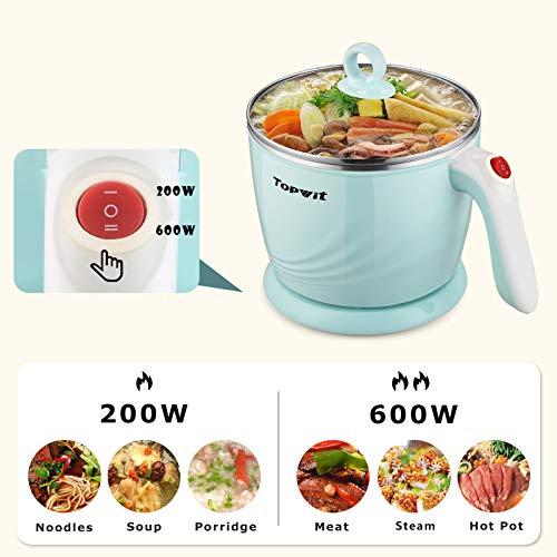 Topwit Electric Hot Pot Mini, Electric Cooker, Noodles Cooker, Electric Kettle with Multi-Function for Steam, Egg, Soup and Stew with Over-Heating & Boil Dry Protection, Dual Power, 1.2L, Green