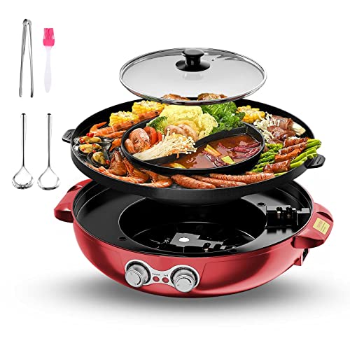 ANKYNE Hot Pot with Grill, Electric Hot Pot with Dual Temperature Control, Hotpot Pot Electric Grill Shabu Shabu Pot Korean bbq Grill Smokeless for Simmer, Boil, Fry, Roast, Red