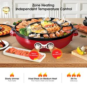 ANKYNE Hot Pot with Grill, Electric Hot Pot with Dual Temperature Control, Hotpot Pot Electric Grill Shabu Shabu Pot Korean bbq Grill Smokeless for Simmer, Boil, Fry, Roast, Red