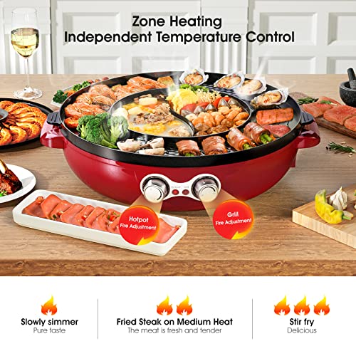 ANKYNE Hot Pot with Grill, Electric Hot Pot with Dual Temperature Control, Hotpot Pot Electric Grill Shabu Shabu Pot Korean bbq Grill Smokeless for Simmer, Boil, Fry, Roast, Red