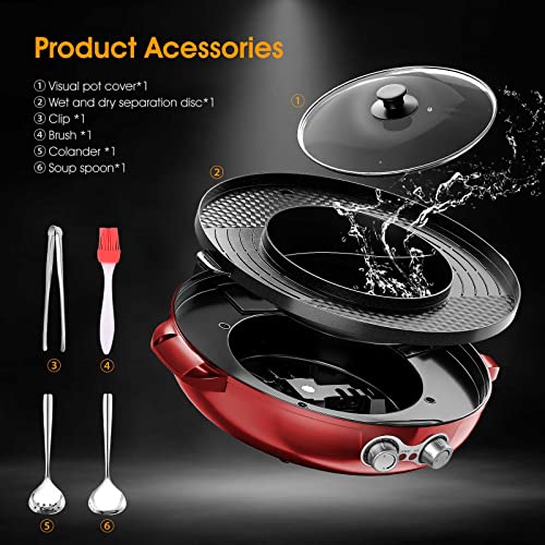 ANKYNE Hot Pot with Grill, Electric Hot Pot with Dual Temperature Control, Hotpot Pot Electric Grill Shabu Shabu Pot Korean bbq Grill Smokeless for Simmer, Boil, Fry, Roast, Red