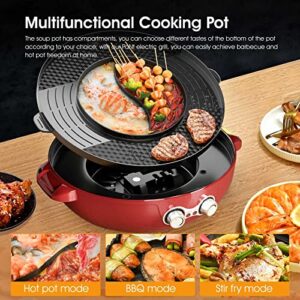 ANKYNE Hot Pot with Grill, Electric Hot Pot with Dual Temperature Control, Hotpot Pot Electric Grill Shabu Shabu Pot Korean bbq Grill Smokeless for Simmer, Boil, Fry, Roast, Red