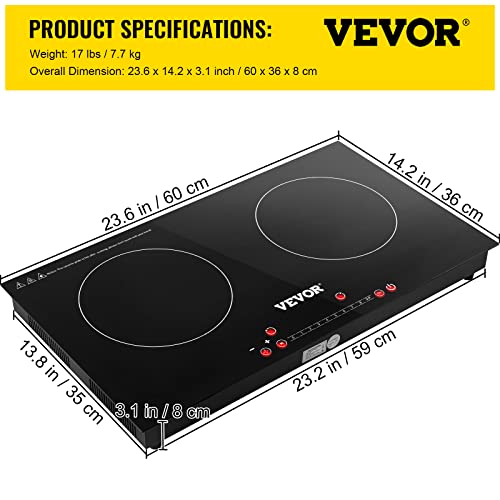 VEVOR Built-in Induction Electric Stove Top 24 Inch,2 Horizontal Burners Electric Cooktop,9 Power Levels & Sensor Touch Control,Easy to Clean Ceramic Glass Surface,Child Safety Lock,110V