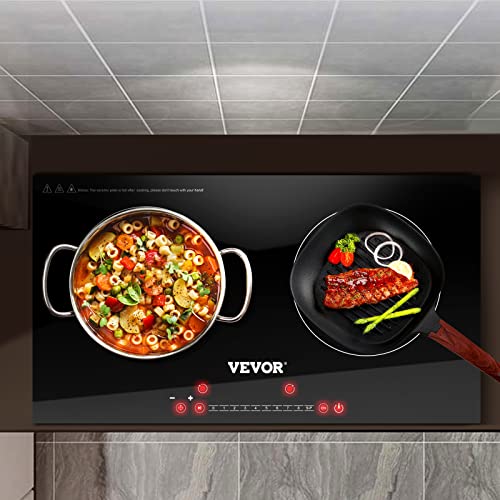 VEVOR Built-in Induction Electric Stove Top 24 Inch,2 Horizontal Burners Electric Cooktop,9 Power Levels & Sensor Touch Control,Easy to Clean Ceramic Glass Surface,Child Safety Lock,110V