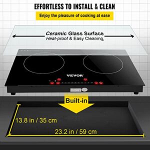 VEVOR Built-in Induction Electric Stove Top 24 Inch,2 Horizontal Burners Electric Cooktop,9 Power Levels & Sensor Touch Control,Easy to Clean Ceramic Glass Surface,Child Safety Lock,110V