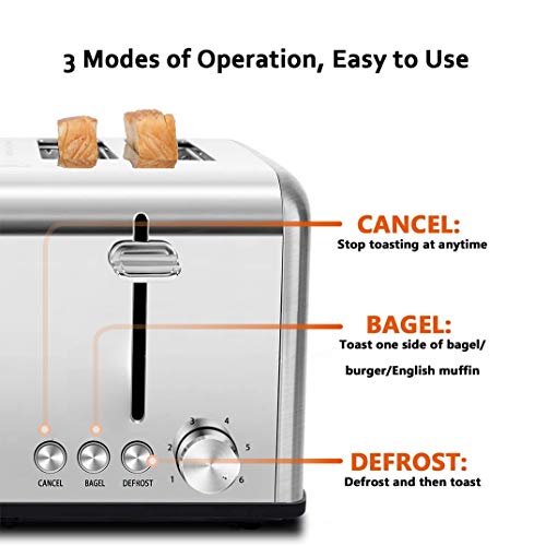 Toaster 4 Slice, CUSIMAX Stainless Steel Toaster, Bread Toasters 4 Extra Wide Slot with Bagel/Defrost/Cancle Function,6 Shade Settings with Removable Crumb Tray