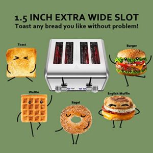 Toaster 4 Slice, CUSIMAX Stainless Steel Toaster, Bread Toasters 4 Extra Wide Slot with Bagel/Defrost/Cancle Function,6 Shade Settings with Removable Crumb Tray