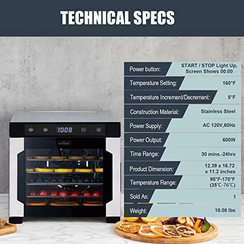 NutriChef Electric Countertop Food Dehydrator Machine - 600-Watt Premium Multi-Tier Meat Beef Jerky Maker Fruit/Vegetable Dryer w/ 6 Stainless Steel Trays, Digital Timer, Temperature Control